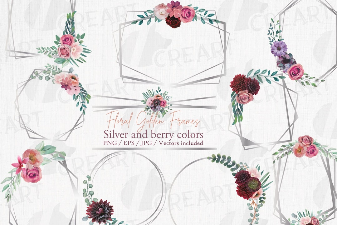 Silver Floral Frames. Berry Color Flower Bouquets Watercolor Wedding ...