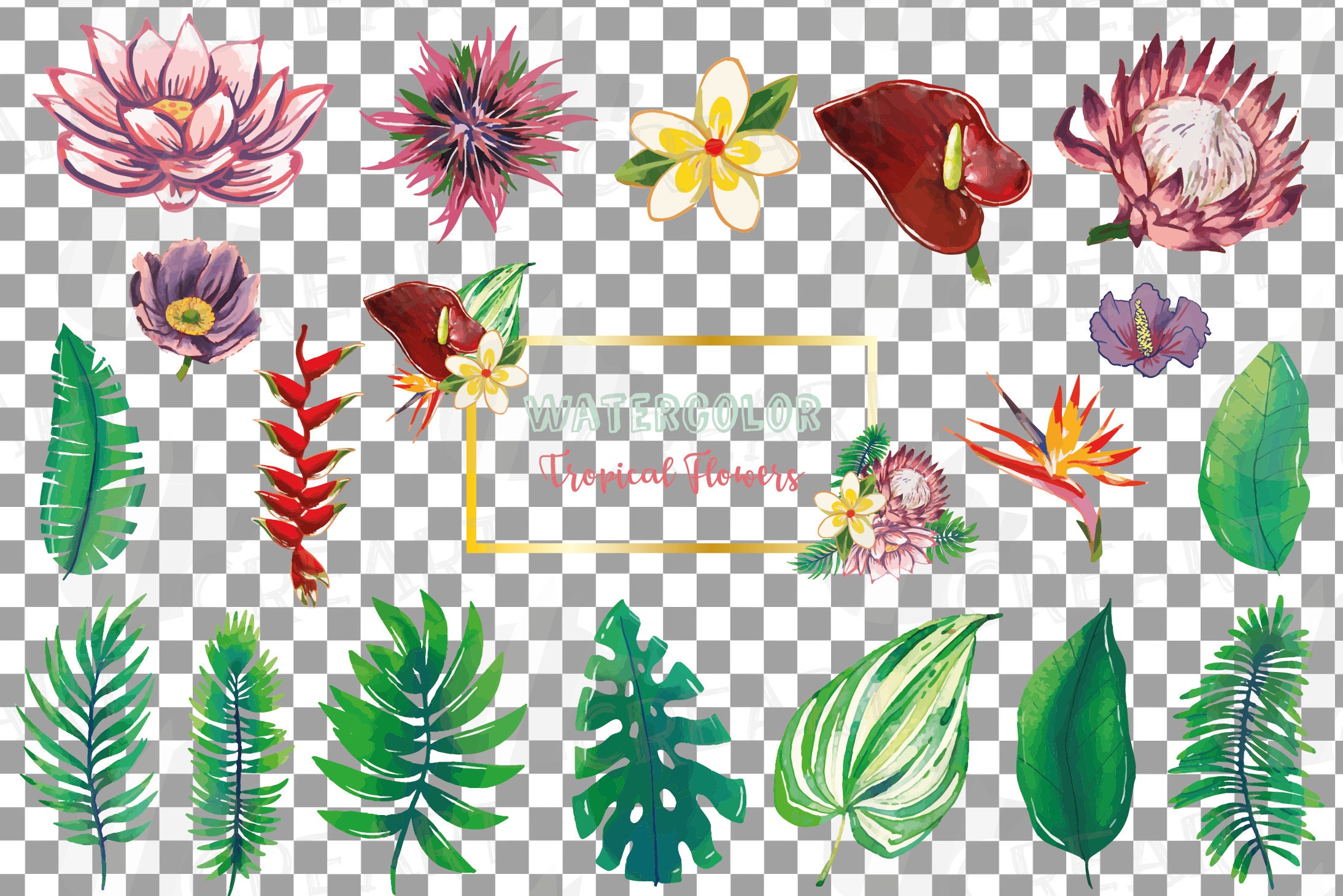 Tropical Watercolor Flowers and Leaves Clip Art Flowers and | Etsy