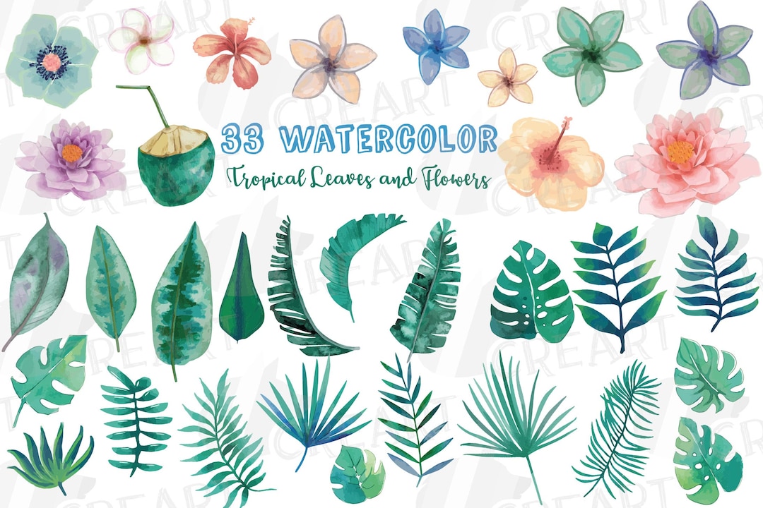 Tropical Green Leaves and Exotic Flowers Watercolor Clip Art Pack ...