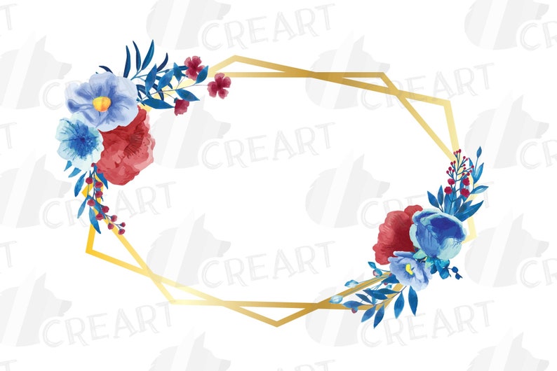 Watercolor Floral Clip Art: Royal Blue & Red Flowers, Frame (digital ...