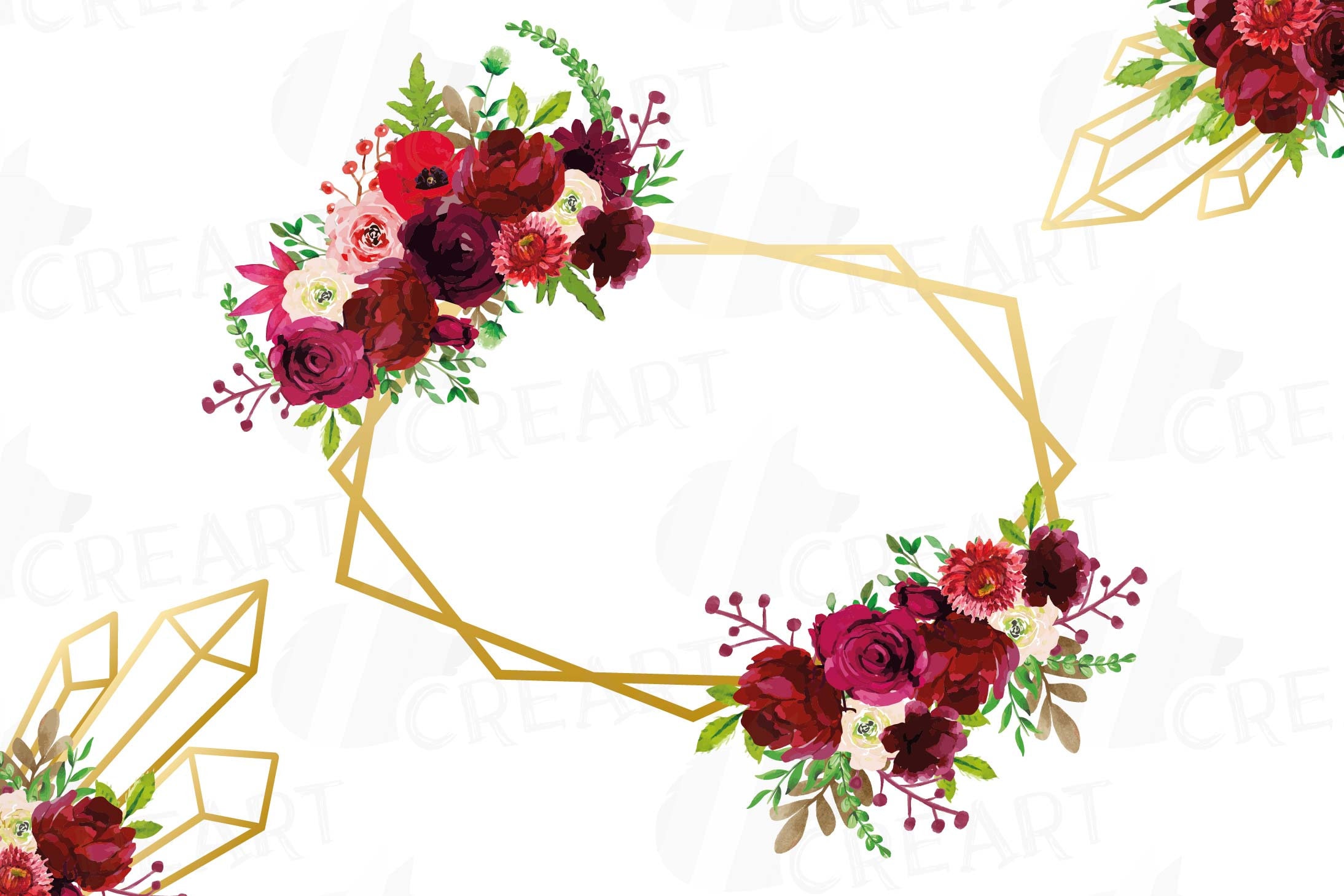 Watercolor Burgundy Floral Geometric Frame. Marsala Wedding | Etsy