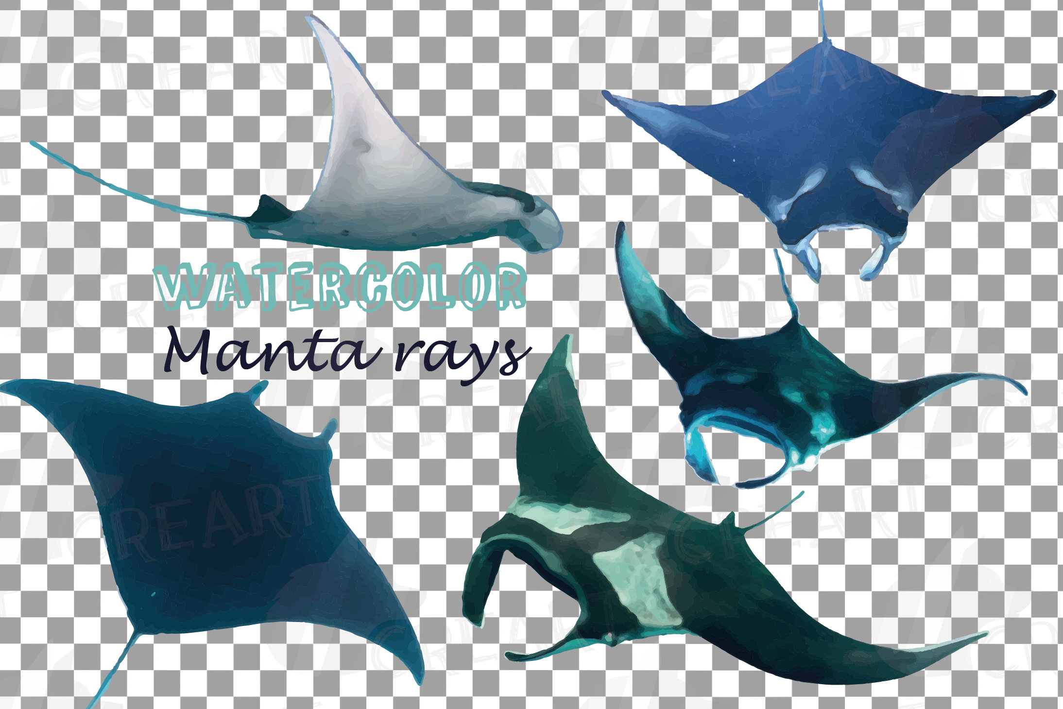 Watercolor Manta Rays Clip Art Pack Colorful Manta Ray - Etsy