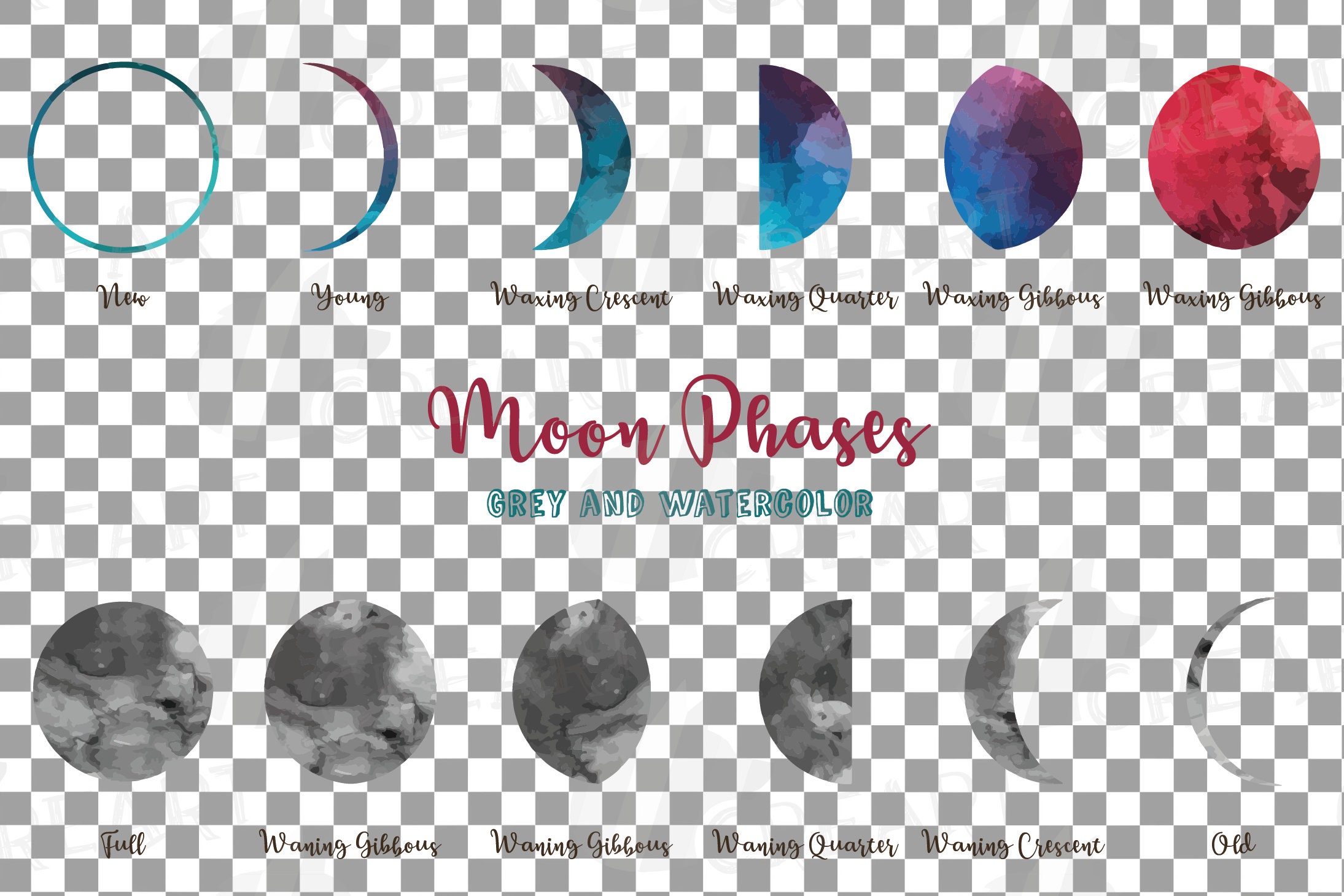 Watercolor space blue and grey Moon Phases clip art pack | Etsy