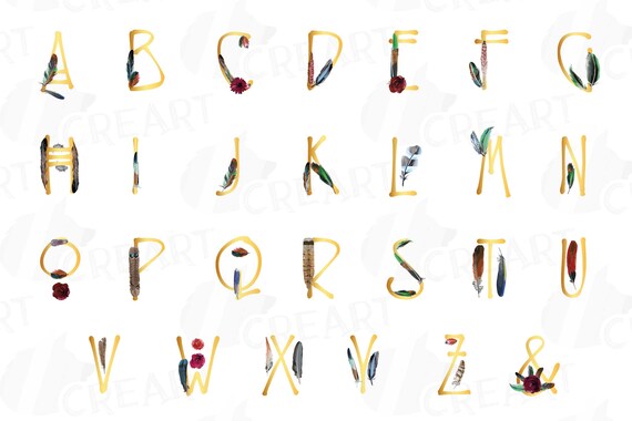 Printable Tribal Golden Alphabet With Feathers Decor Clip Art. | Etsy