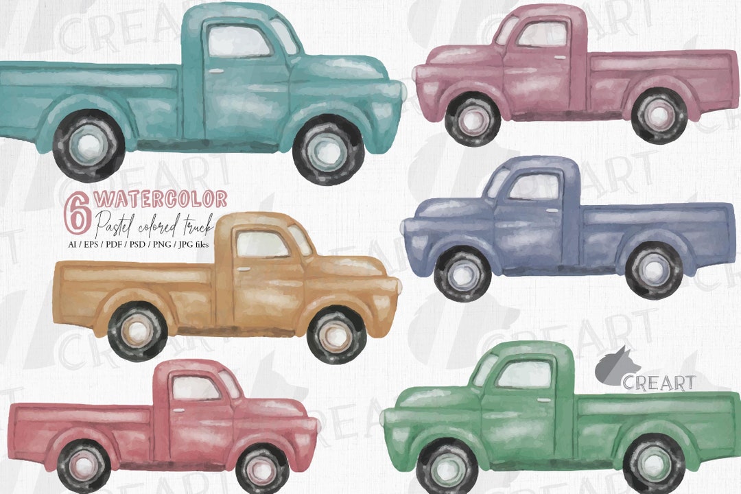 Watercolor Pastel Colored Trucks Clip Art. Printable Pickup Cars Decor ...