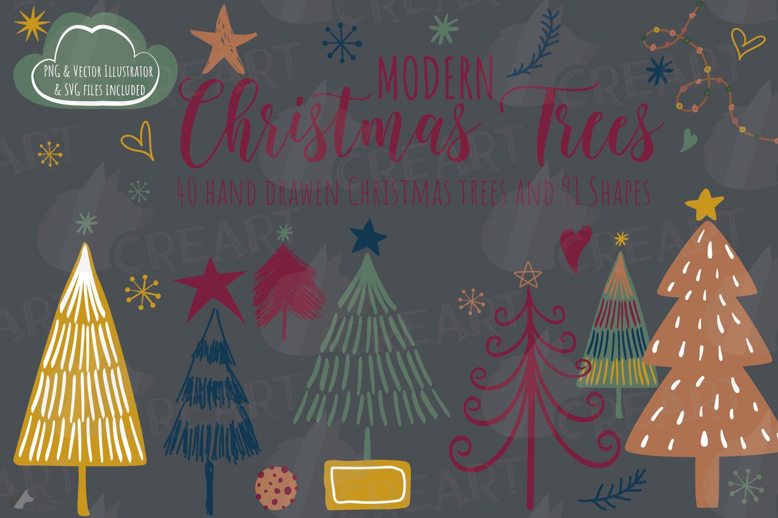 Modern Colorful Christmas Trees and Shapes Clip Art Collection. Boho ...