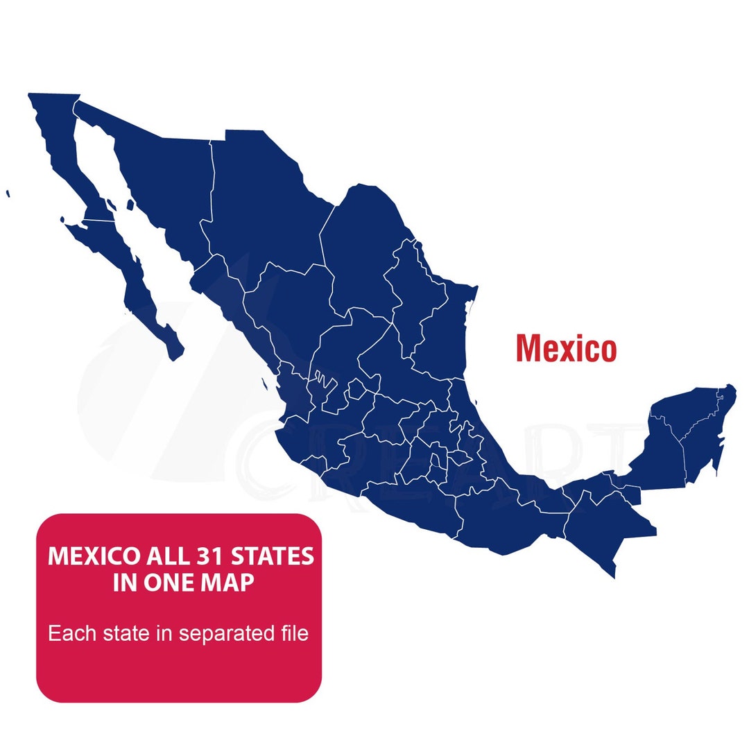 Mexico & States Vector Maps Wall Decor Clip Art for Print - Blue ...