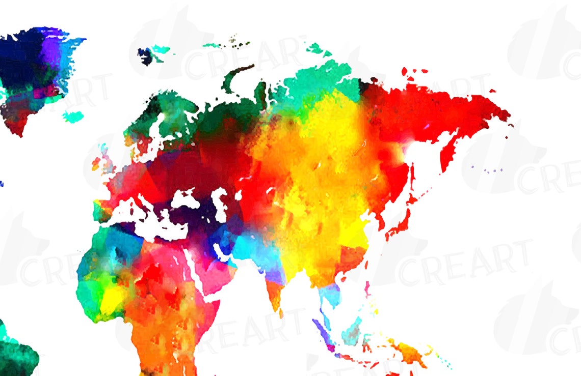 Watercolor World Map Poster Digital Art Print Eps png jpg | Etsy