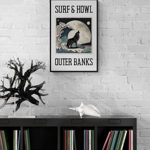 Surf and Howl Outer Banks Graphic Design Poster Featuring a Surfing ...