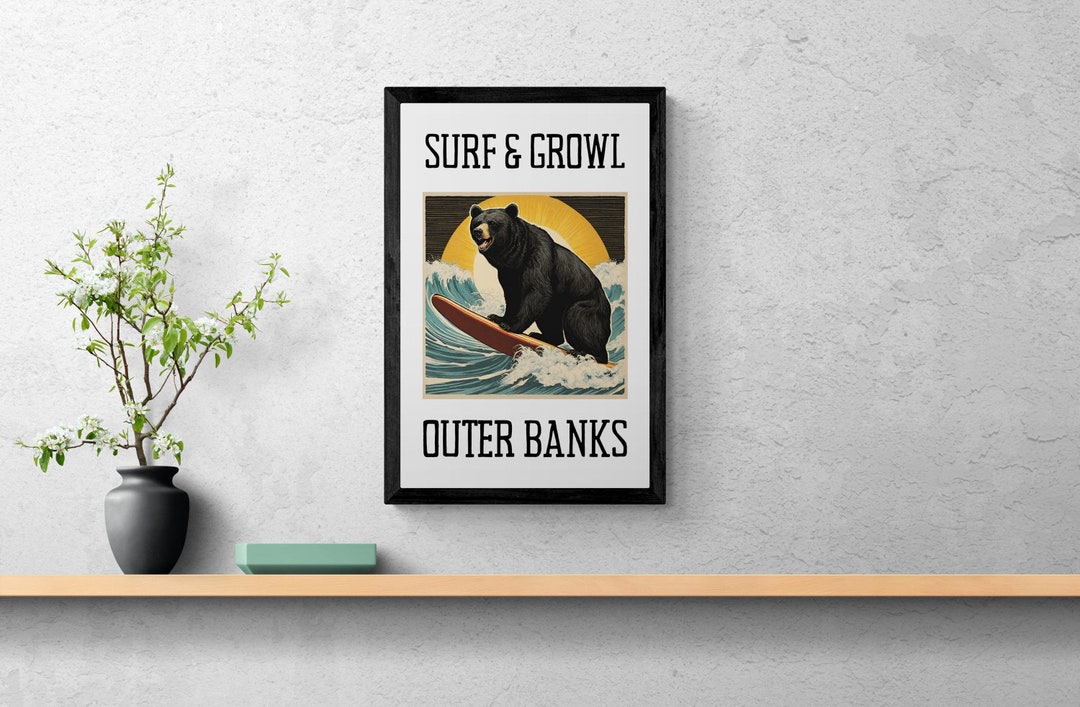 Surf and Growl Outer Banks Graphic Design Poster Featuring a Surfing ...