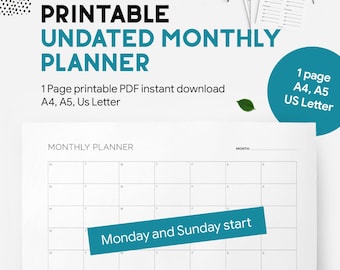 Bright Undated Monthly Planner Printable, Month on 1 Page,letter Size ...
