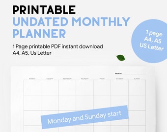 Bright Undated Monthly Planner Printable, Month on 1 Page,letter Size ...