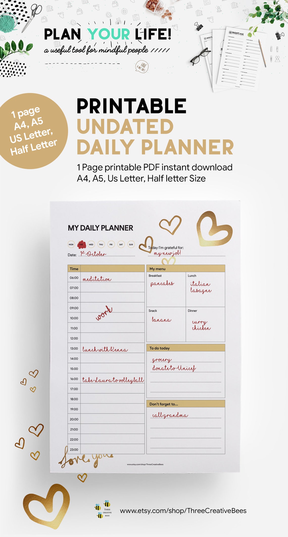 Golden Printable Daily Planner for Instant Download A4, A5, Us Letter ...
