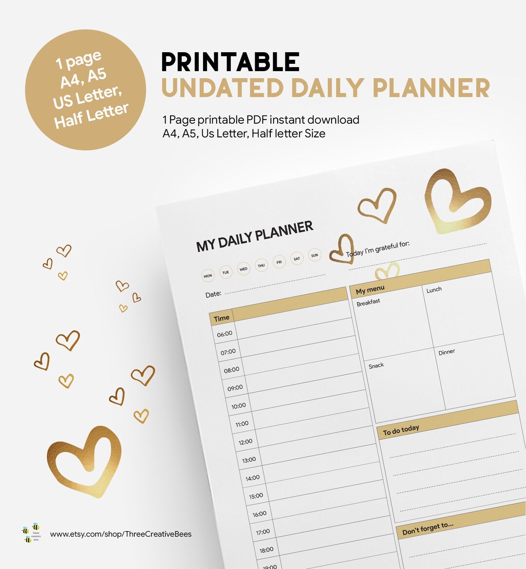 Golden Printable Daily Planner for Instant Download A4, A5, Us Letter ...