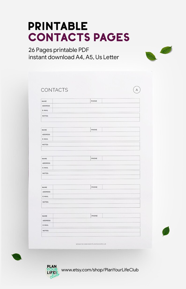 Printable Contacts Pages - Etsy