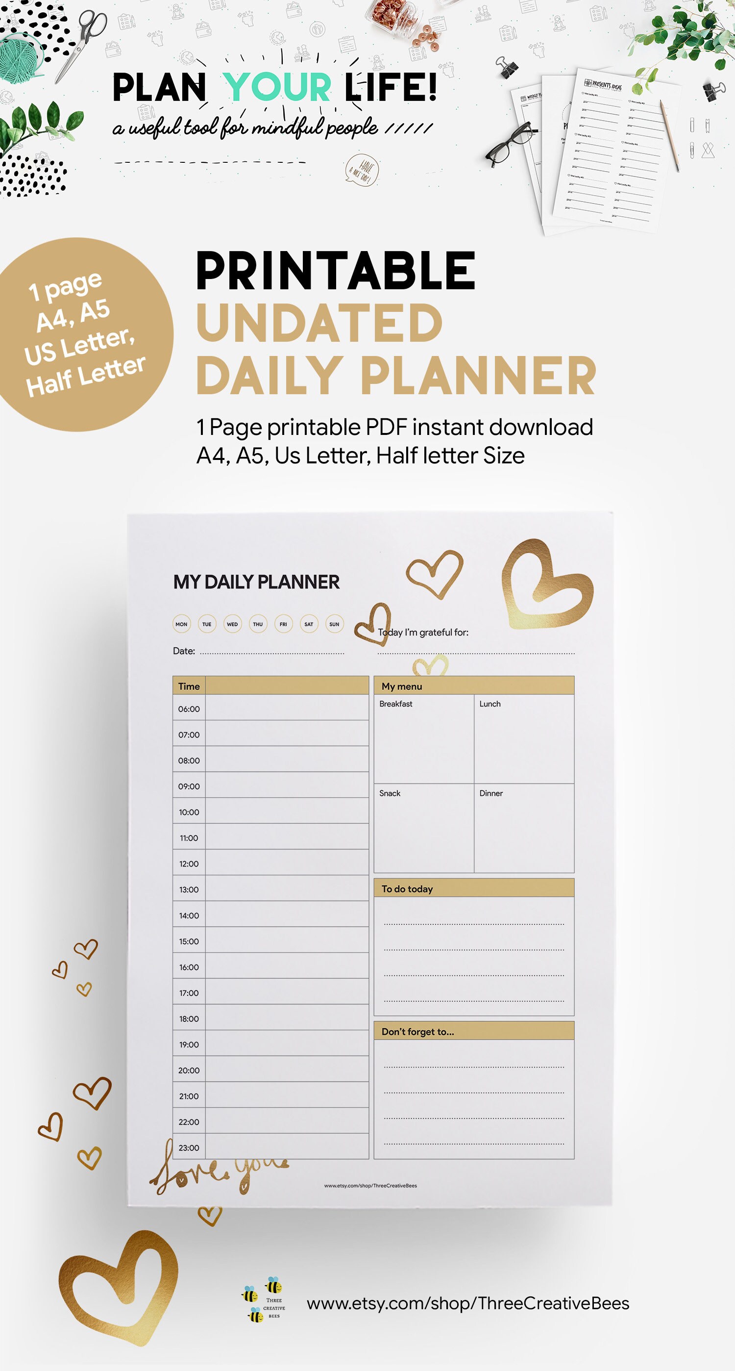 Golden Printable Daily Planner for Instant Download A4, A5, Us Letter ...