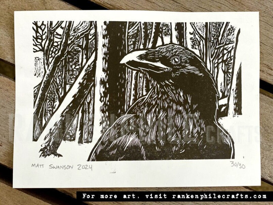 Raven in the Woods Art Print, Black Raven in Forest, Linocut Print. - Etsy