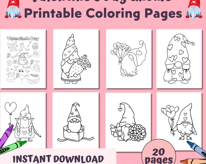 20 Gnome Valentine Coloring Pages for Kids, Valentines Gnome Toddler ...
