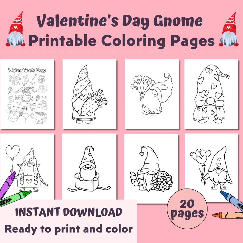 20 Gnome Valentine Coloring Pages for Kids, Valentines Gnome Toddler ...