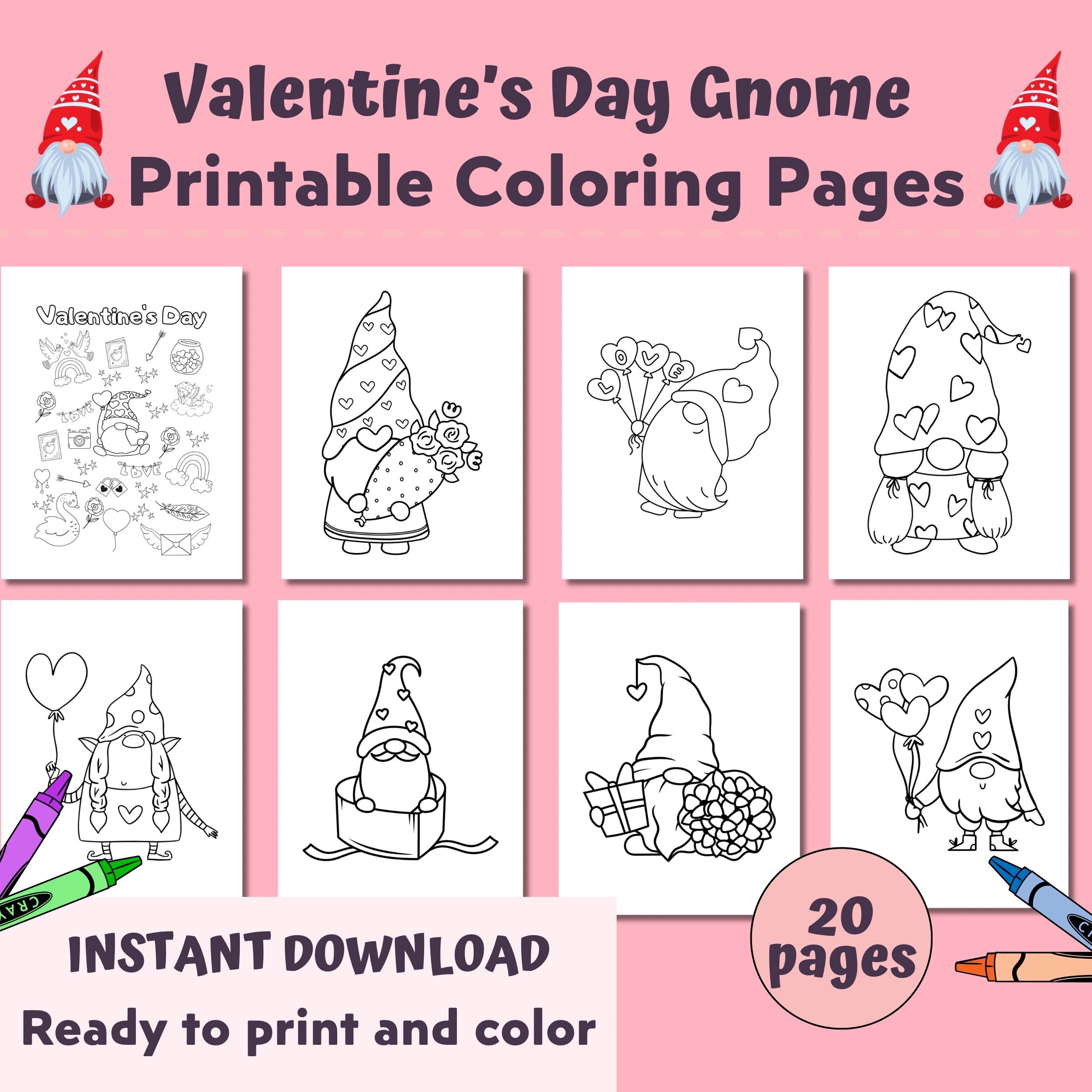 20 Gnome Valentine Coloring Pages for Kids, Valentines Gnome Toddler ...