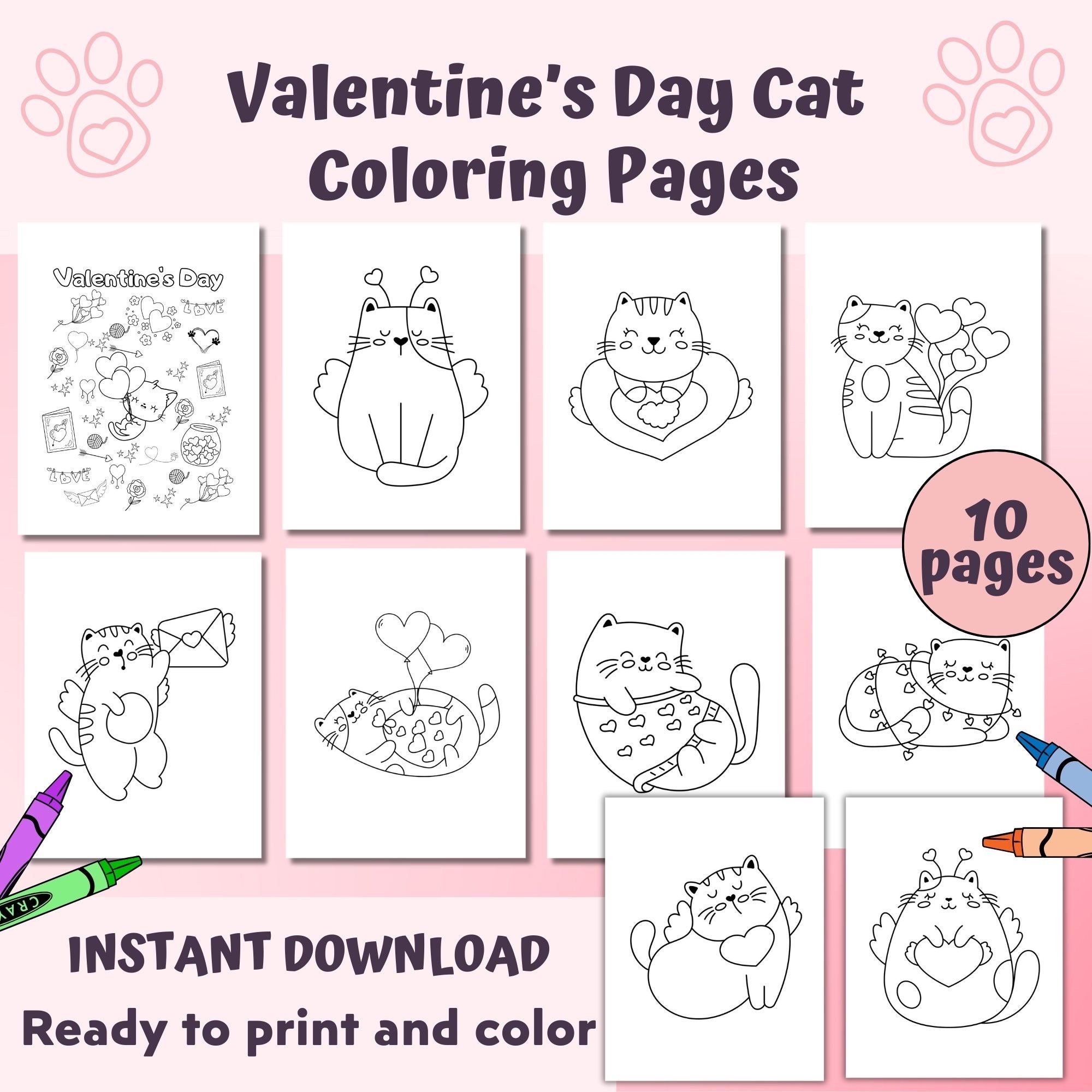 10 Valentines Day Cat Coloring Pages for Kids, Valentine Toddler ...