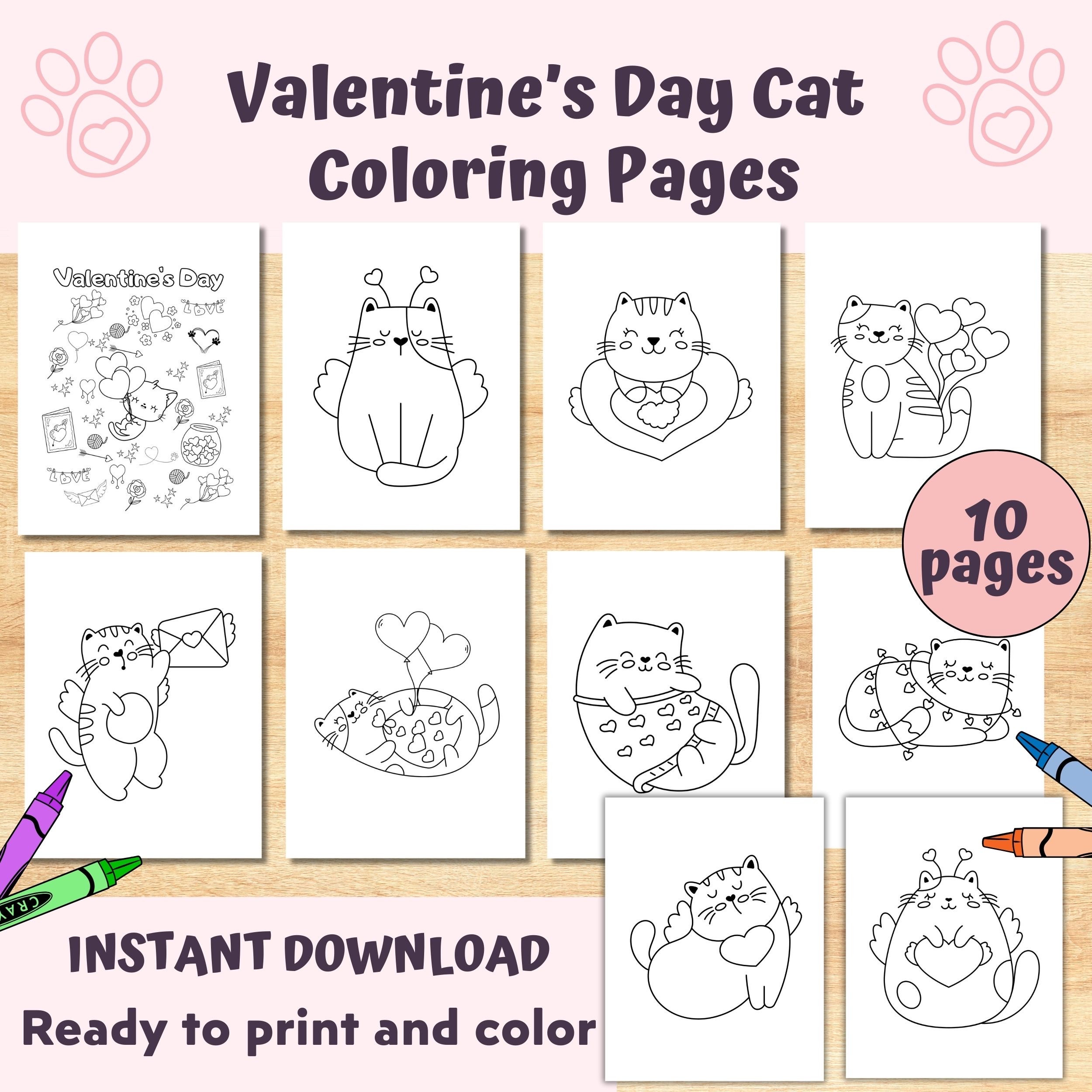 10 Valentines Day Cat Coloring Pages for Kids, Valentine Toddler ...