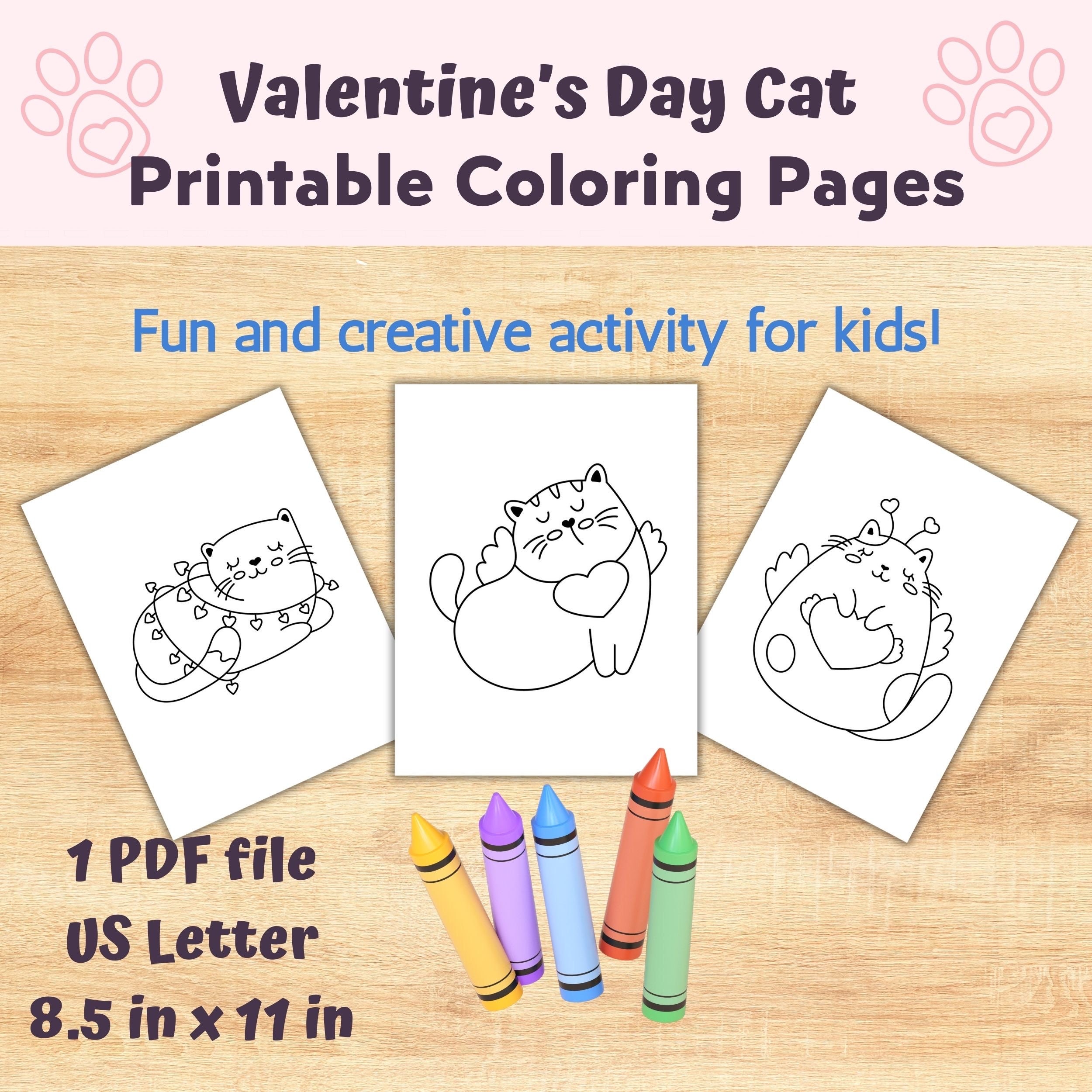 10 Valentines Day Cat Coloring Pages for Kids, Valentine Toddler ...