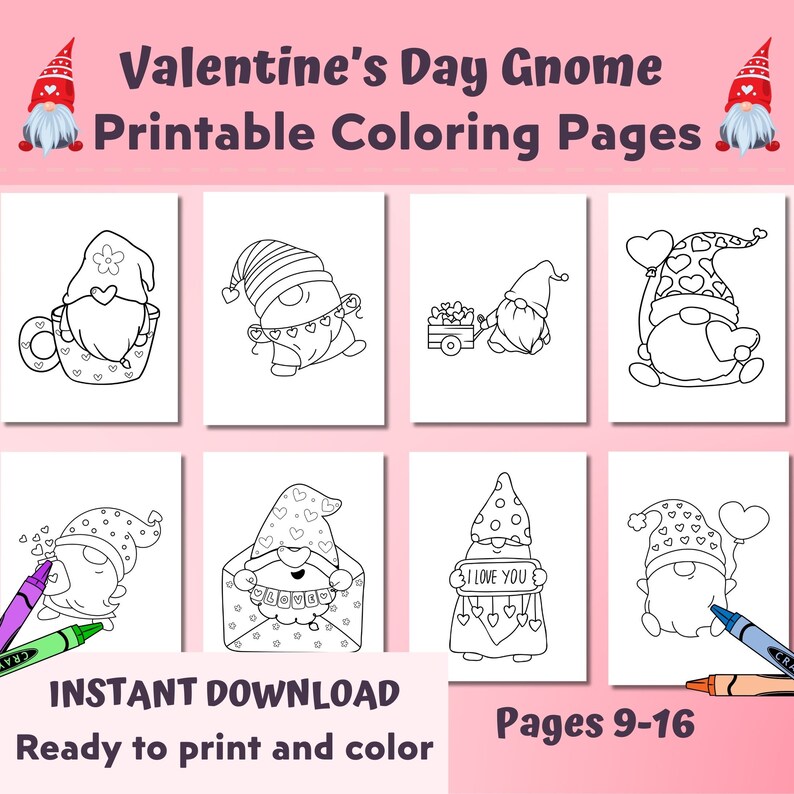 20 Gnome Valentine Coloring Pages for Kids, Valentines Gnome Toddler ...