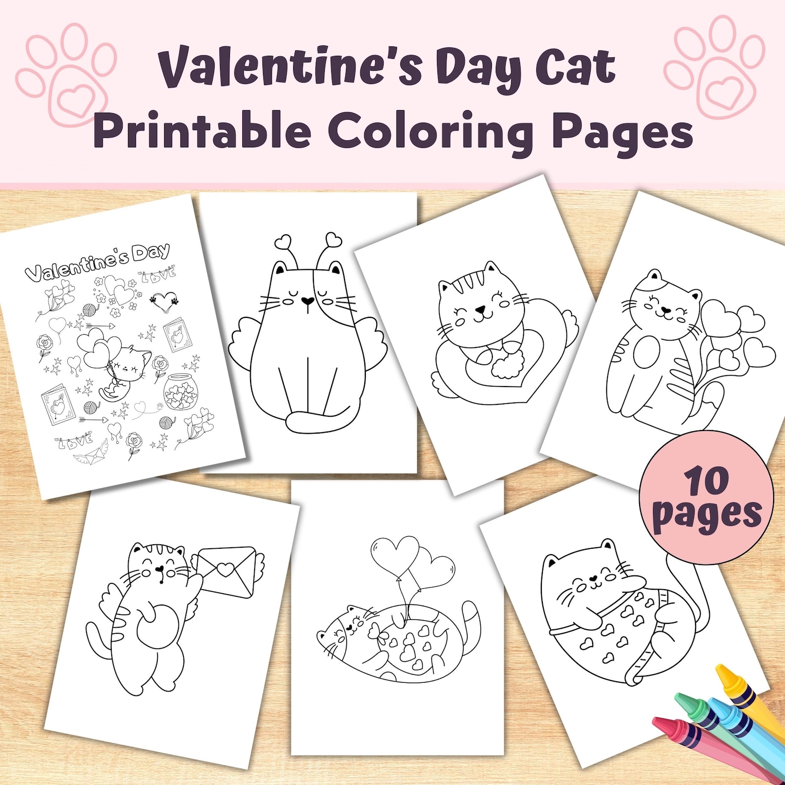 10 Valentines Day Cat Coloring Pages for Kids, Valentine Toddler ...