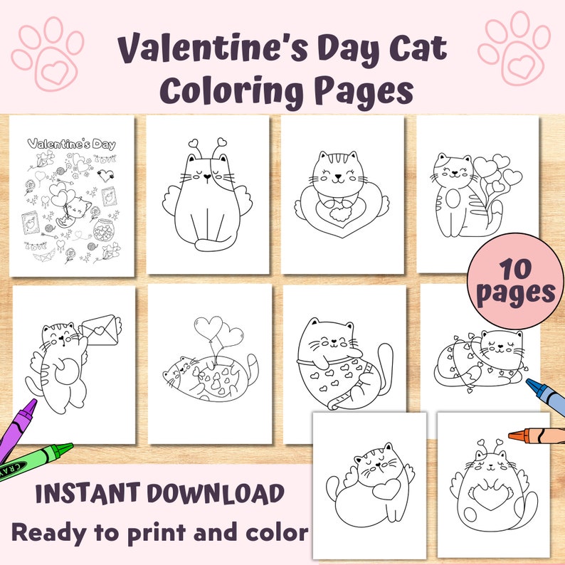 10 Valentines Day Cat Coloring Pages for Kids, Valentine Toddler ...