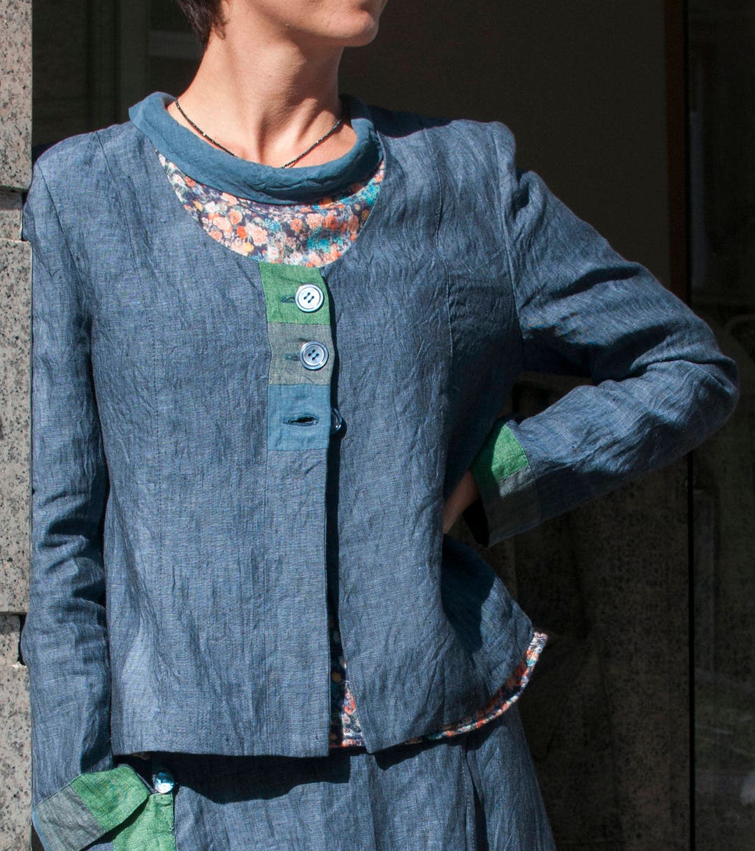 Woman's Linen Jacket, Short Linen Jacket, Long Sleeve, Patchwork ...