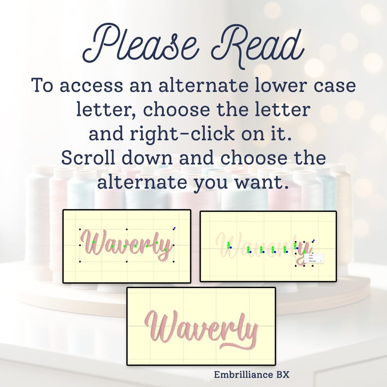 Waverly Script Native BX Embroidery Font With Swash Alternates + Stitch ...