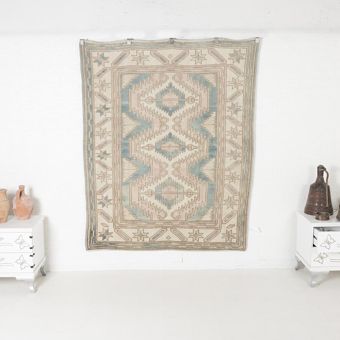 Authentic Hand Wooven Blue Turkish Rug, 5x6 Vintage Wool Rug, Oriental ...