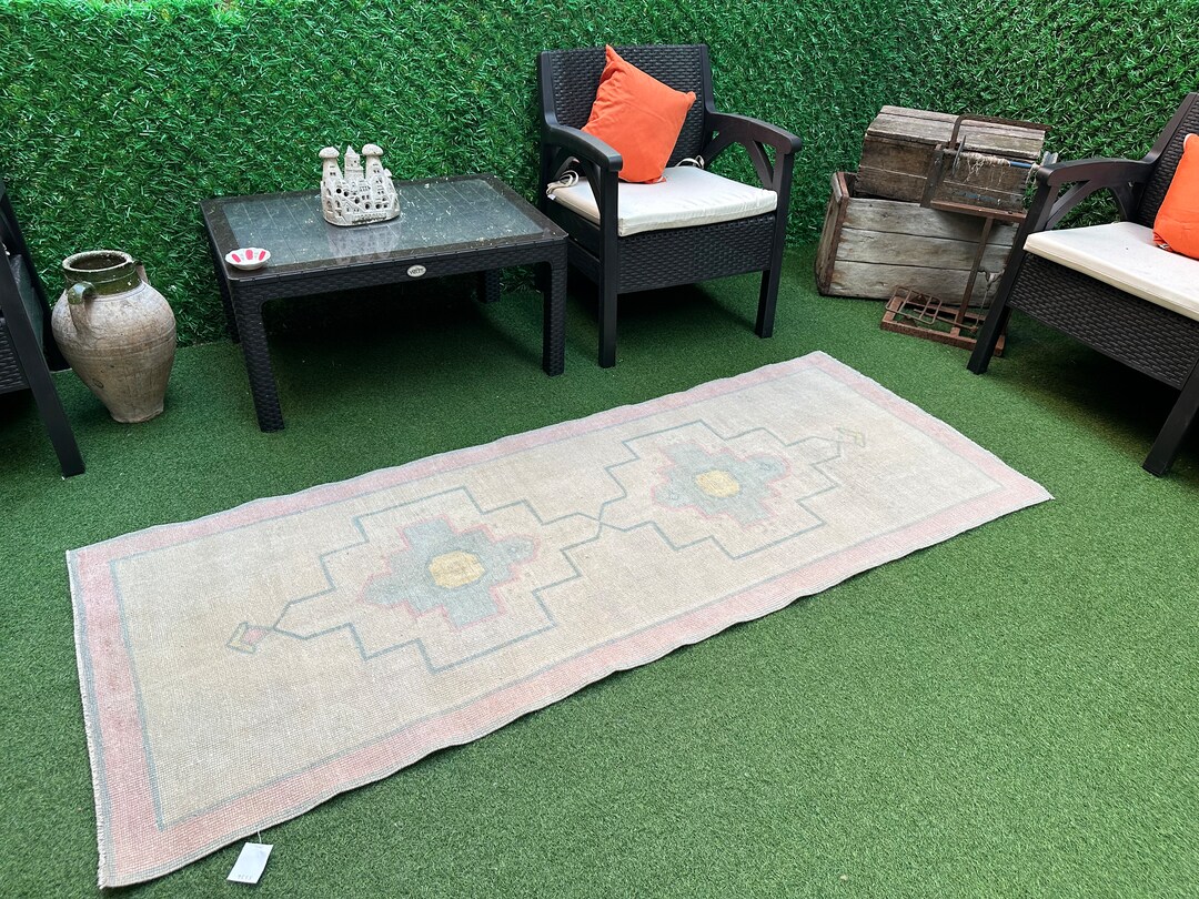 Blue Turkish Rug, Vintage Turkish Area Rug, Muted Oushak Rug, Pink and ...