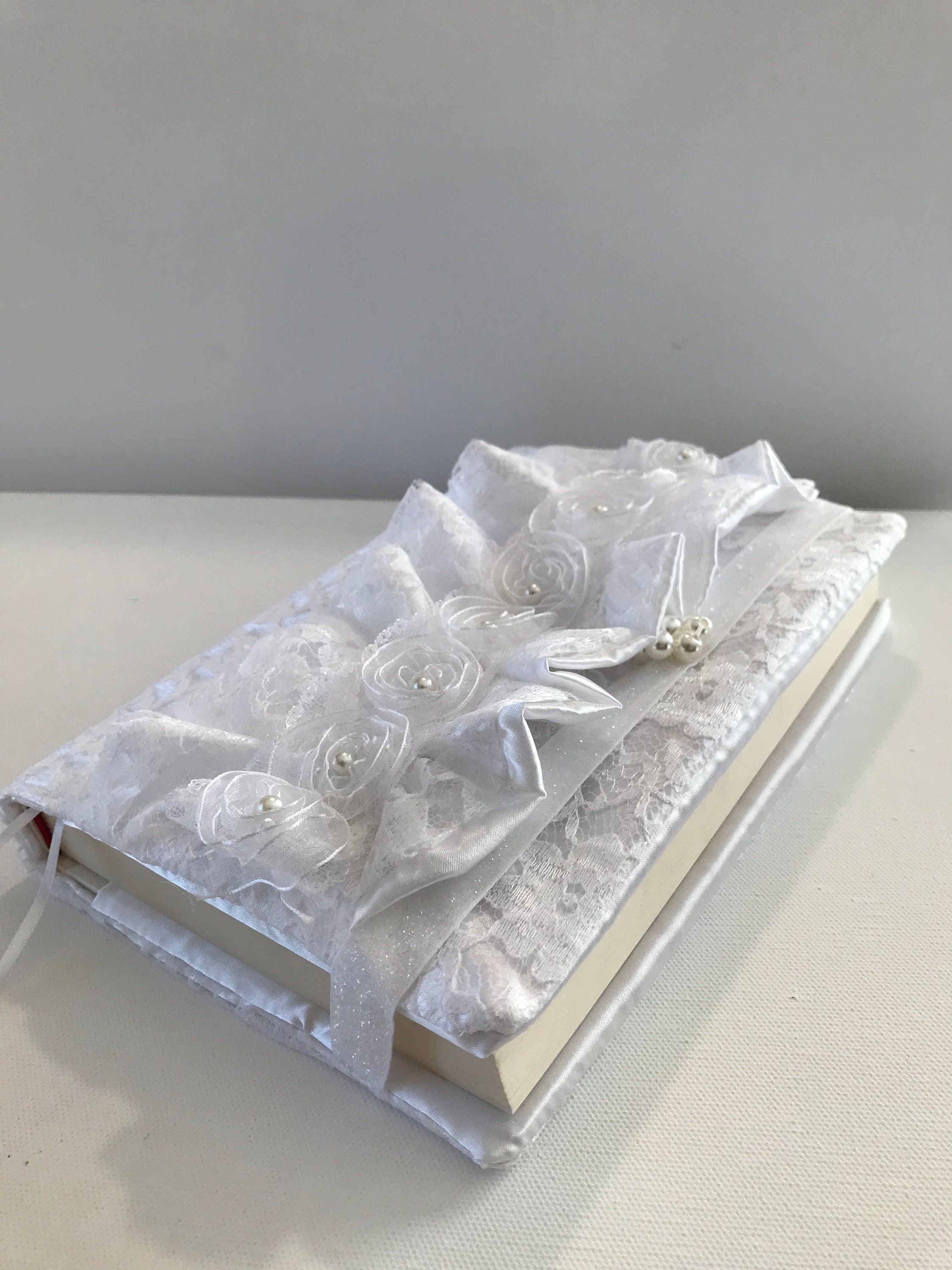 9.5" L 6.5" W 1.5"d - Beautiful White Satin Ruffle Lace Design Bible ...