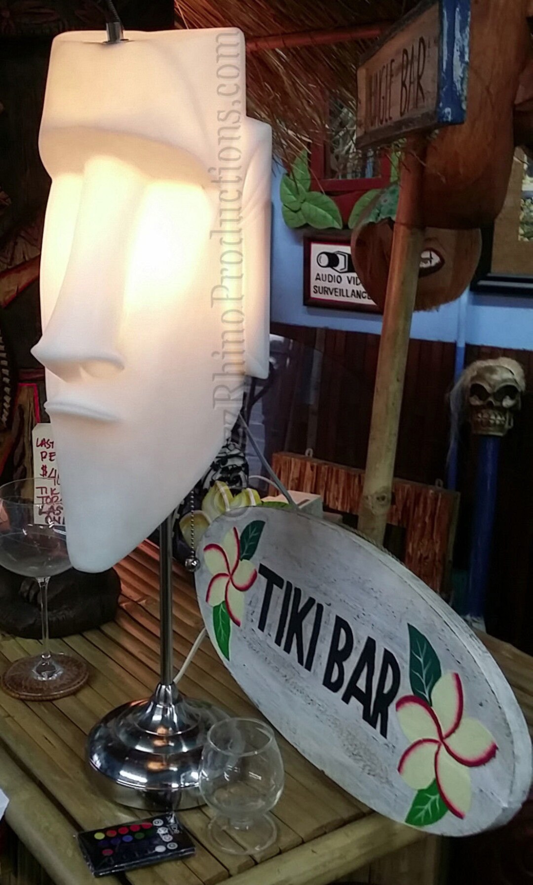 Moai Table Tiki Lamp Color Changing Bulb Remote Chrome Base Bar Light ...