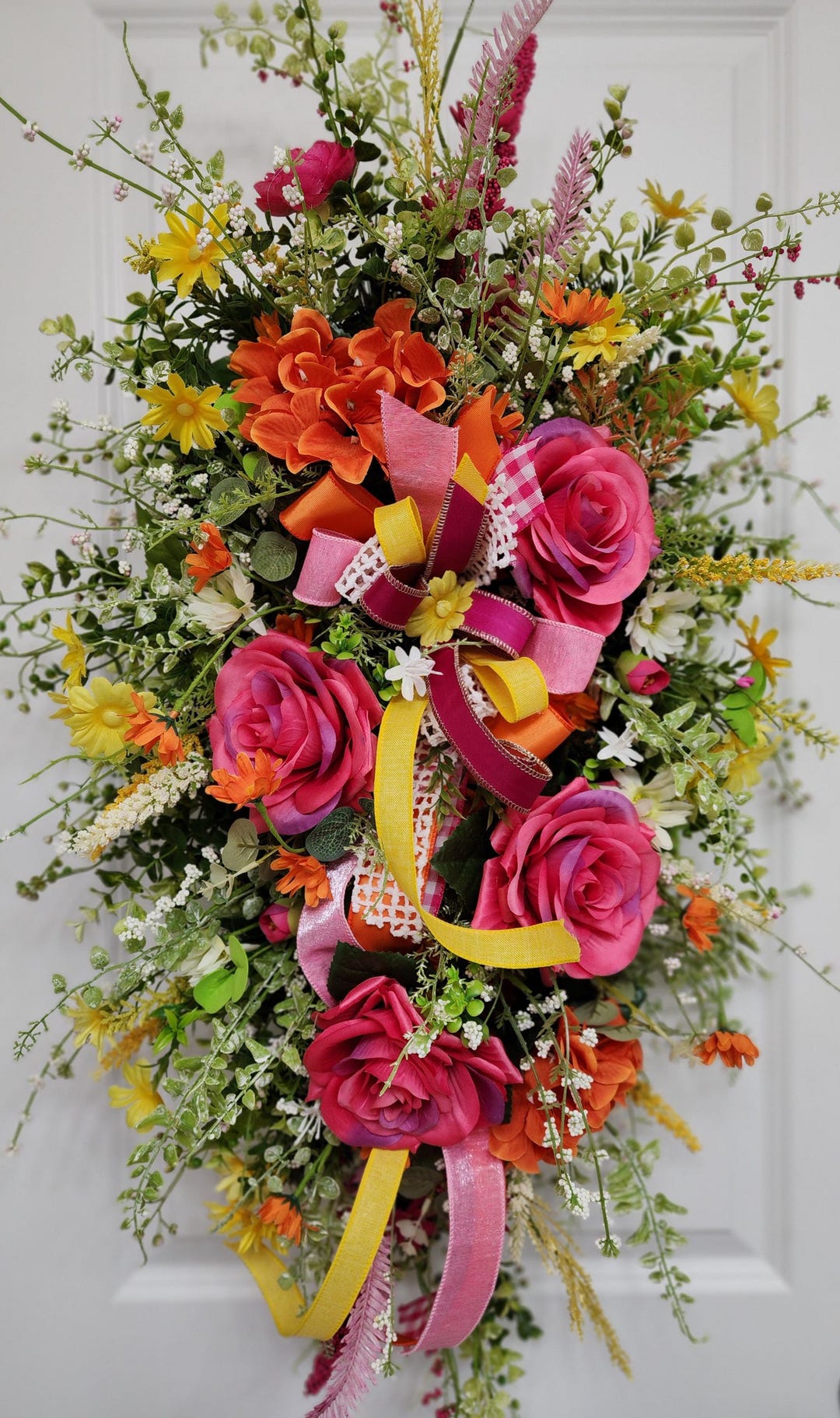 Hot Pink Summer Floral Swag – Handmade Front Door Teardrop Swag With ...