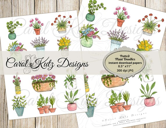 Potted Plant Doodles Flower Plant Pots Instant Download - Etsy