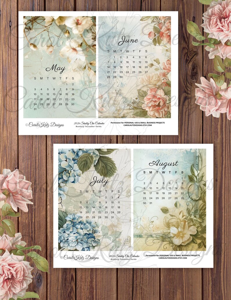 2026 Calendar Cards, Shabby Chic Calendar Cards, Digital Download ...