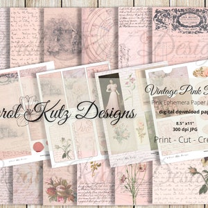 Pink Vintage Ephemera Paper Pack, Digital Download, Creative Papers ...