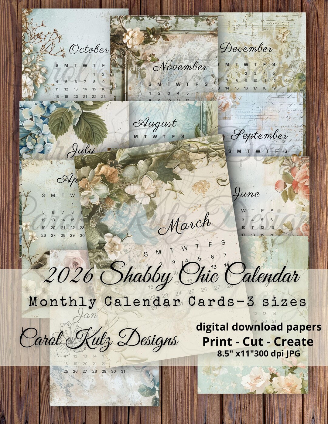 2026 Calendar Cards, Shabby Chic Calendar Cards, Digital Download ...