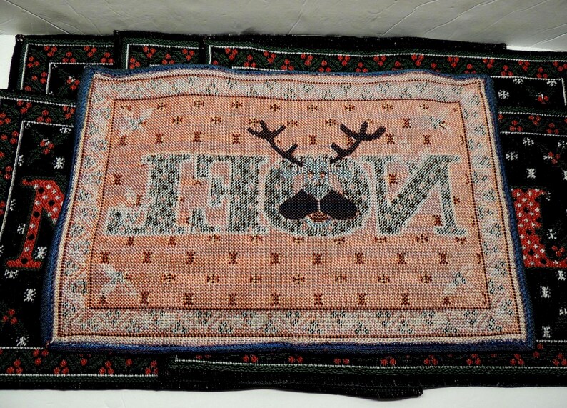 6 Vintage NOEL Reindeer Tapestry Placemats, Black, Red Green, Sparkle ...