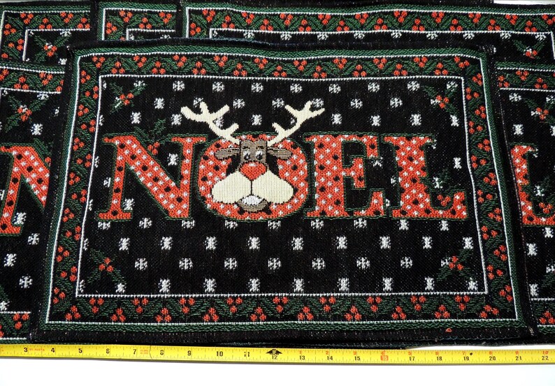 6 Vintage NOEL Reindeer Tapestry Placemats, Black, Red Green, Sparkle ...