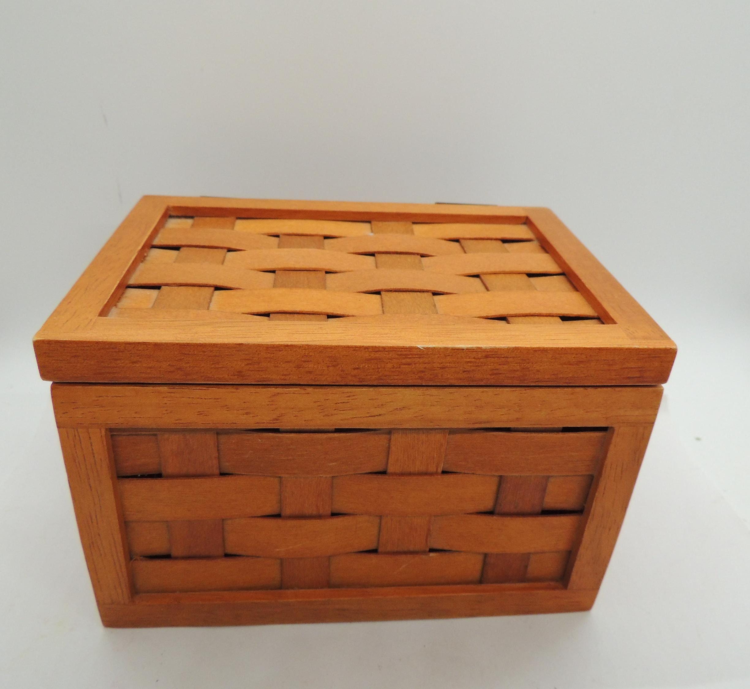 Vintage Woven Wood Box, Recipe Box, Trinket Box, Basket Weave Wood Box ...