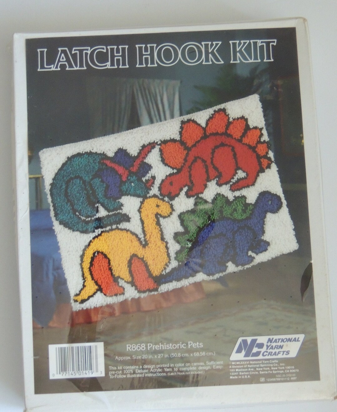 National Yarn Crafts 1986 Dinosaur Latch Hook Kit R868 Prehistoric Pets ...