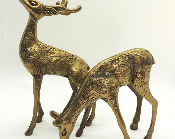 Set of 2 Vintage MCM Brass Deer Figurines, Solid Brass, Doe and Buck ...