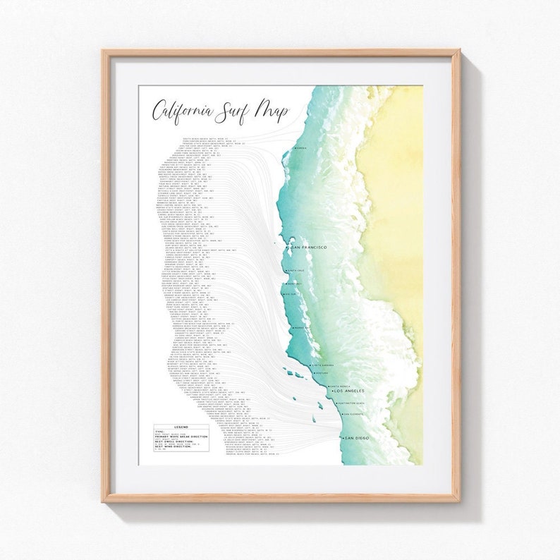 California Surf Map Surfing Spots Wall Art 18x24 Poster Print Surfers ...