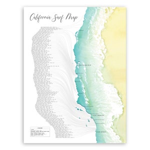 California Surf Map Surfing Spots Wall Art 18x24" Poster Print Surfers ...