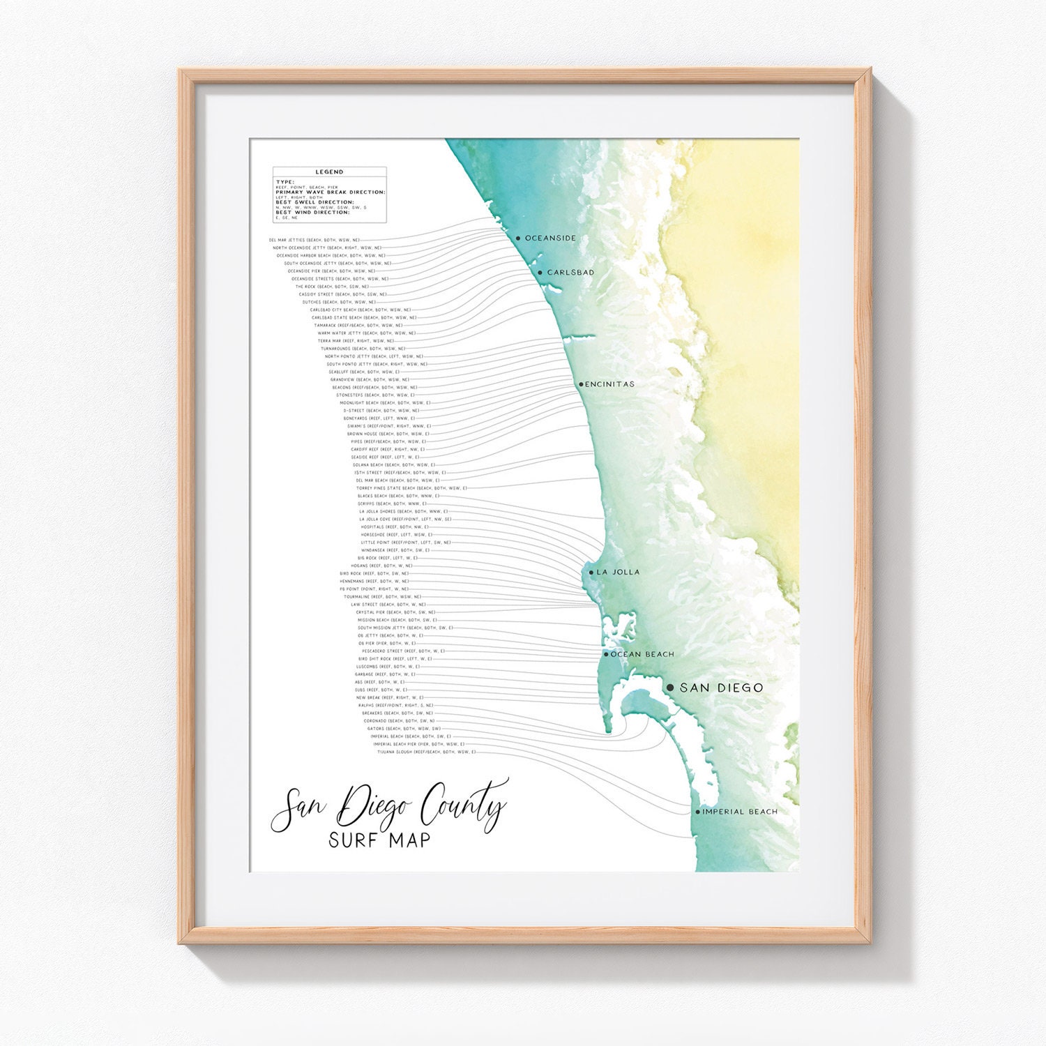 San Diego Surf Map Surfing Spots Wall Art 18x24" Poster Print Surfers ...