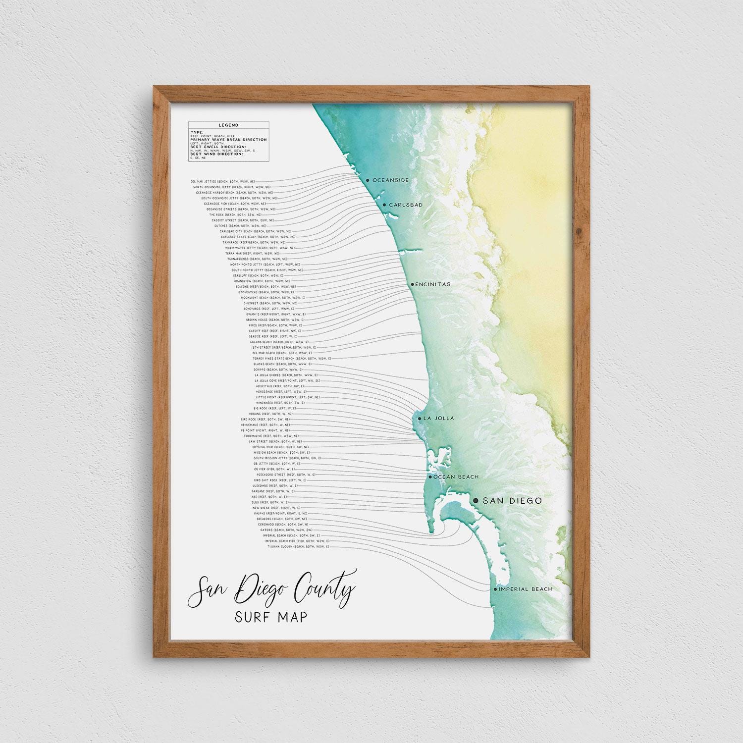 San Diego Surf Map Surfing Spots Wall Art 18x24" Poster Print Surfers ...